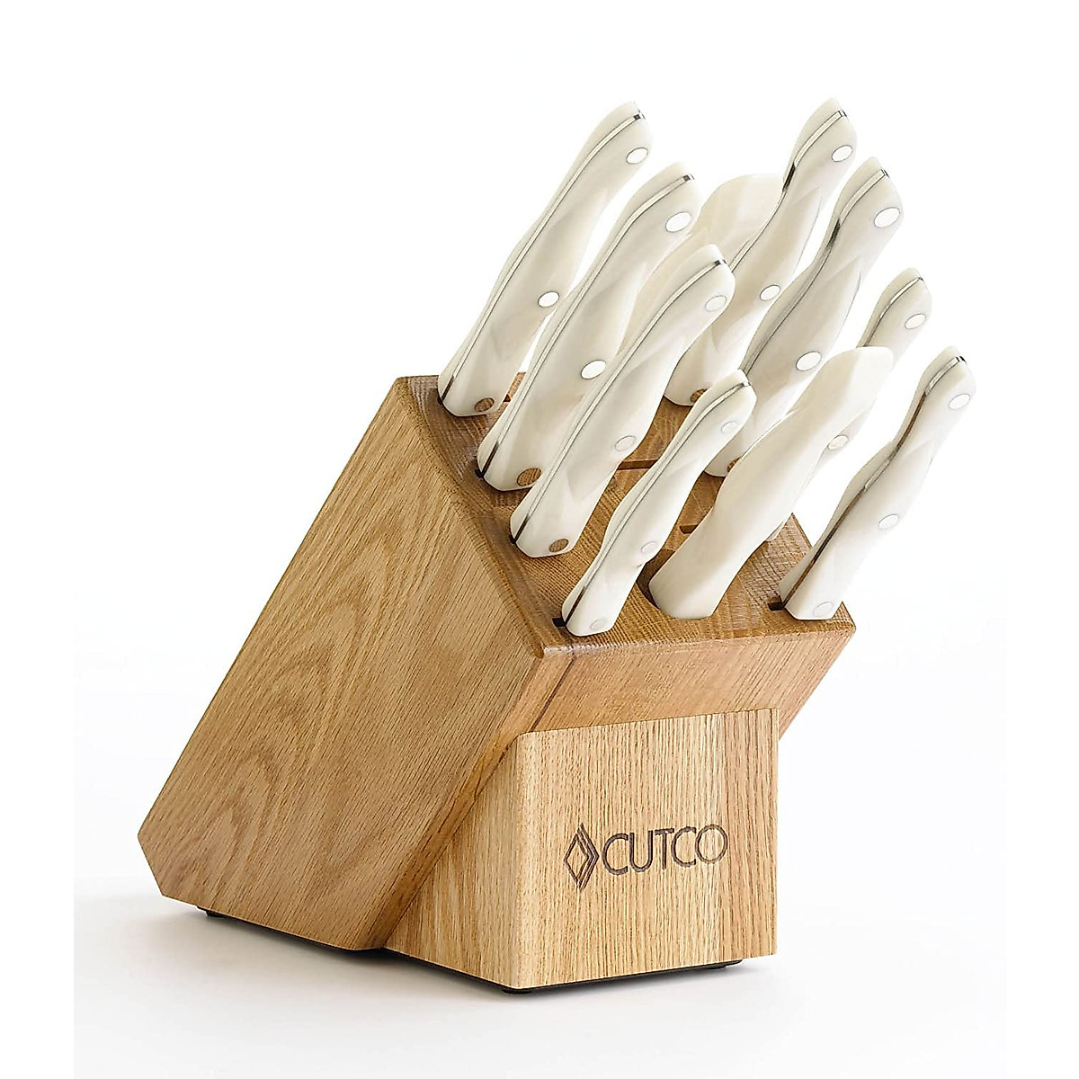 CUTCO Model 2018 White (pearl) Homemaker+8 Set............18 High Carbon Stainless knives & forks in factory-sealed plastic bags............#1748 Honey Oak knife block, #82 Sharpener, and #125 10'' x 13'' Poly Prep cutting board also included.