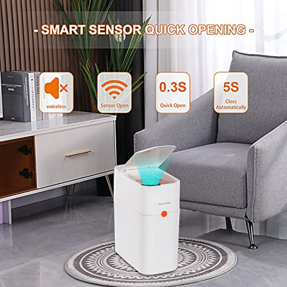 MOPUP Touchless Bathroom Trash Can, Automatic Garbage Can for Bedroom,Office Motion Sensor Trash Bin,3.5 Gallon Dogproof Plastic Slim Wastebasket for Toilet, RV,Living Room, White