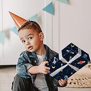 Birthday Wrapping Paper 6 Sheets Gift Wrap 20 x 30 inches per sheet (Folded Flat 6 sheets in 3 Designs: 26 sq. ft. ttl.), Astronaut Solar System Planets Rocket Alien Galaxy Pattern- for Space Lover Boys Kids Baby Shower Kindergarten Party