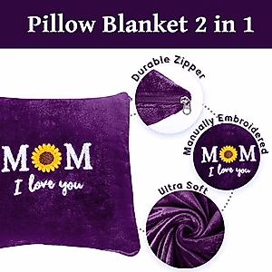 Birthday Gifts for Mom, Mom Birthday Gifts, Mother's Day Mom Gifts from Daughter, Valentines Day Gifts for Mom, Pillow Blanket 2 in 1, I Love You Mom Soft Sunflower Pillow Blanket 80"x60" (Purple)
