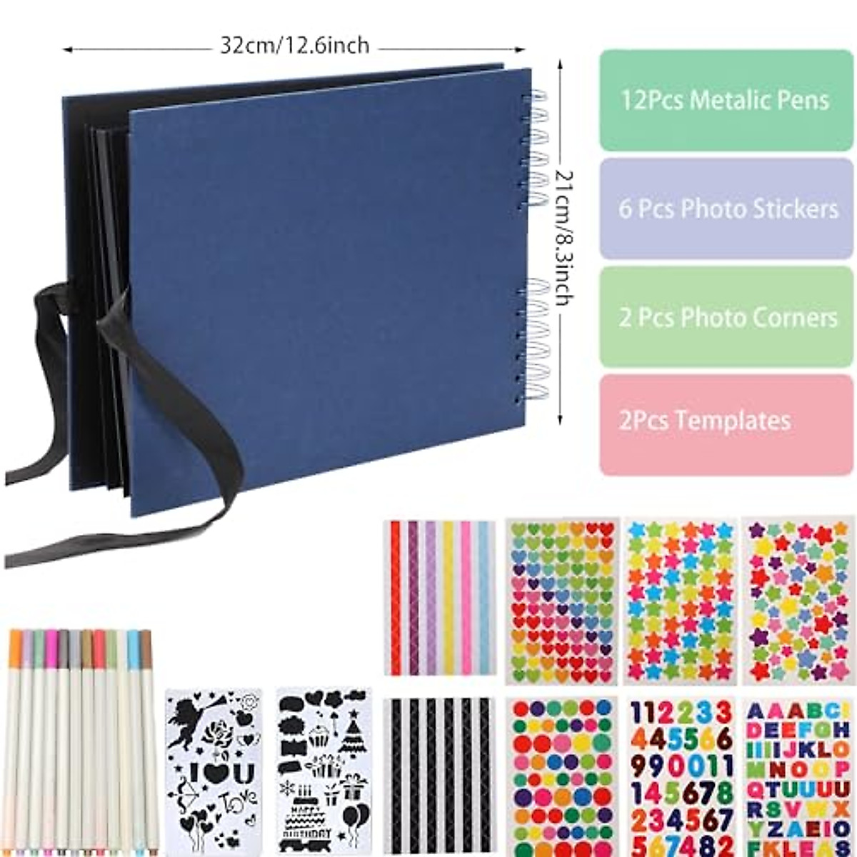 AIOR Scrapbook Photo Album 12.6 x 8.3 Inch 80 Pages Scrapbook Album, Thick Scrap Book with 12 Metalic Pens for DIY Photo Album Anniversary Christmas Birthday Gifts (Blue)