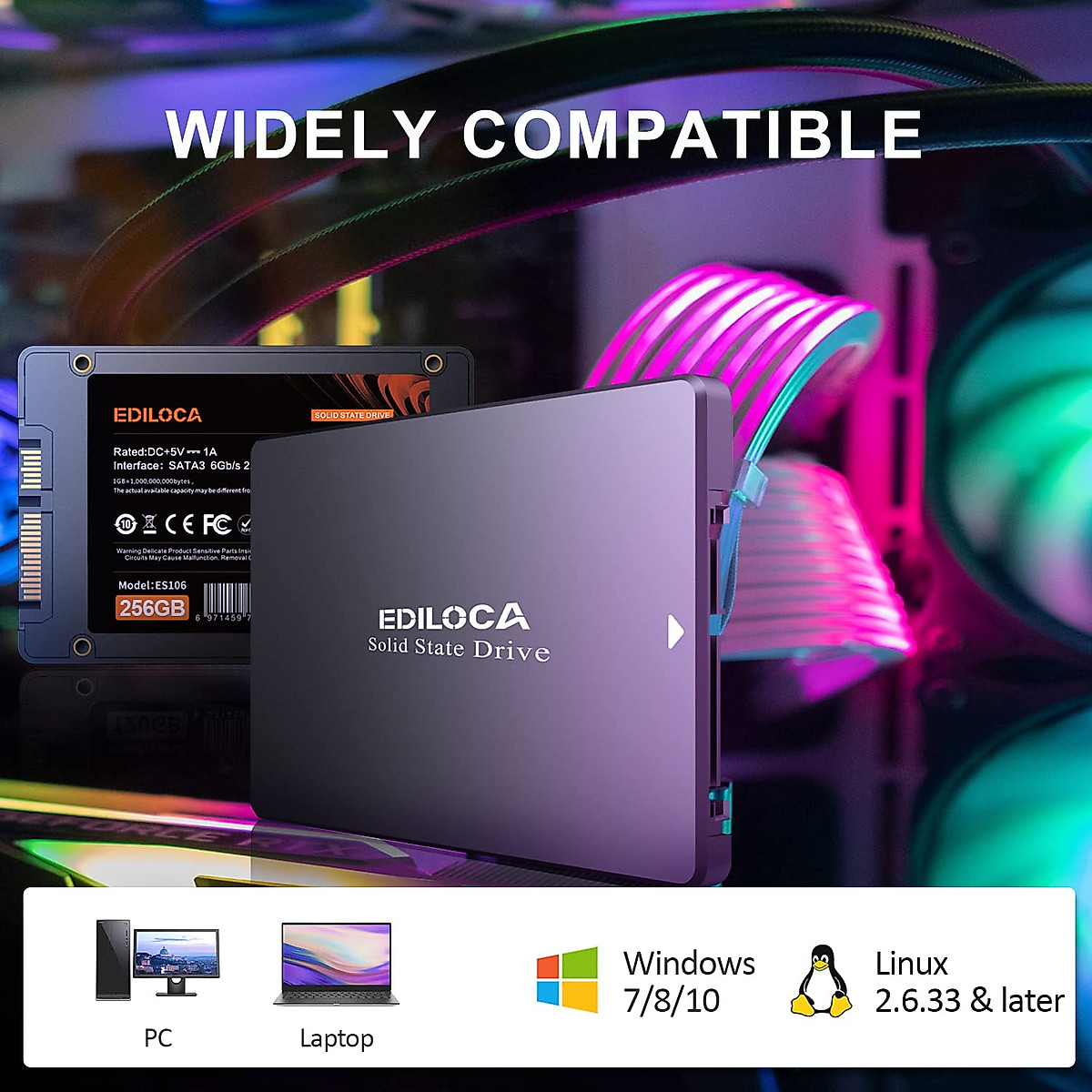 Ediloca ES106 256GB SSD SATA III 2.5" 3D TLC NAND Flash Internal Hard Drive, Up to 550MB/s Read, Upgrade PC or Laptop Memory and Storage(Black)