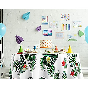 Oudain 3 Pieces Hawaiian Tablecloth 84 Inch Luau Tropical Flower Round Table Cloth Plastic Disposable Palm Summer Table Cover for Beach Birthday Kid Party Decorations Supplies (Fresh Style)