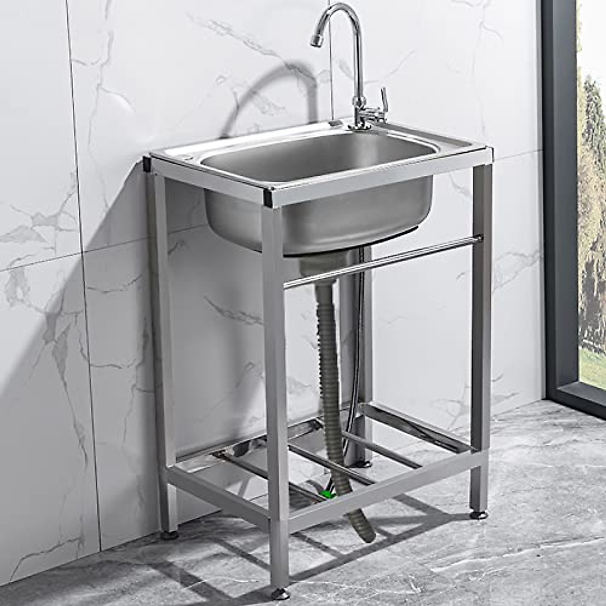 Stainless sink，single bowl kitchen sinks，stainless steel utility sink,Thickened stainless steel single sink with stainless steel bracket and 360° swivel faucet, suitable for garage, kitchen, (Color :