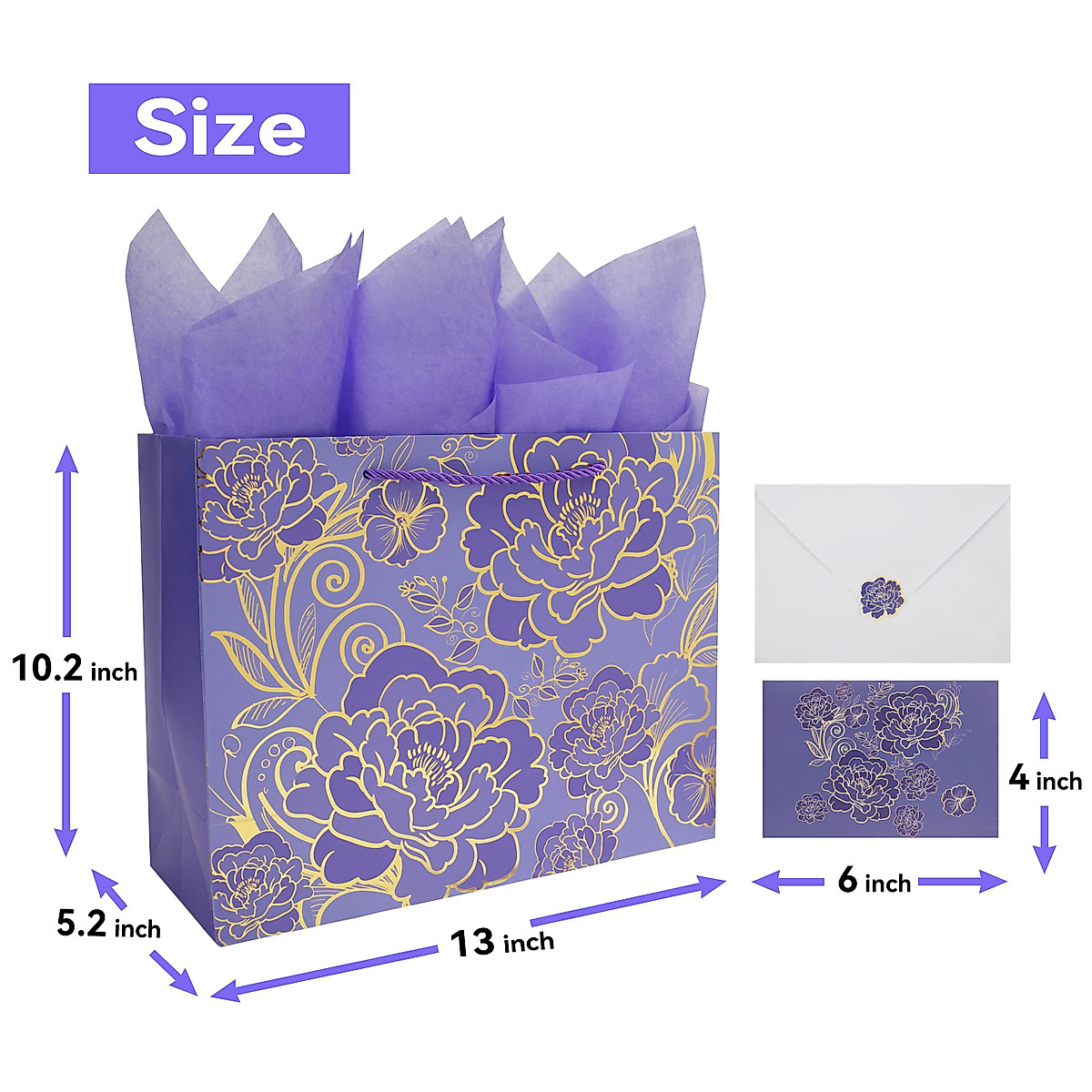 Qirrmiy 13" Large Rose Purple Gift Bag Set with Greeting Card and Tissue Paper for Women or Girls for Celebrating Birthdays, Valentine's Day, Weddings, Anniversaries, Mother's Day