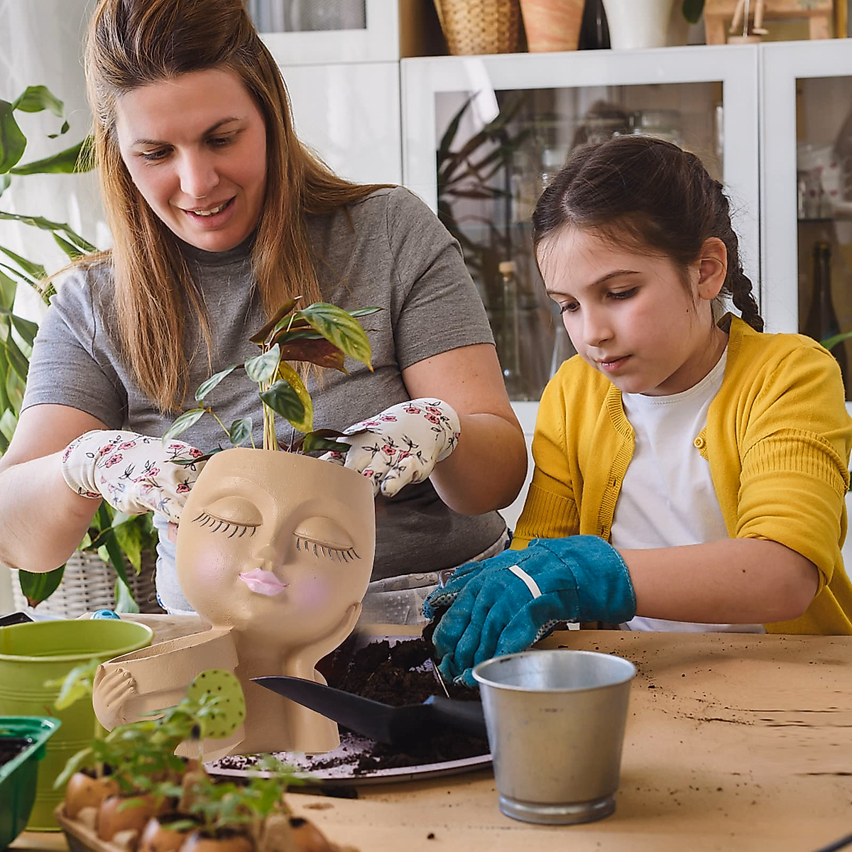 LTSUMI Face Flower Pot Head Planter Succulent Pot Planter Cactus Planter Unique Cute Resin Planter Pot for Indoor Outdoor Plants with Drainage Hole(Double Pots)