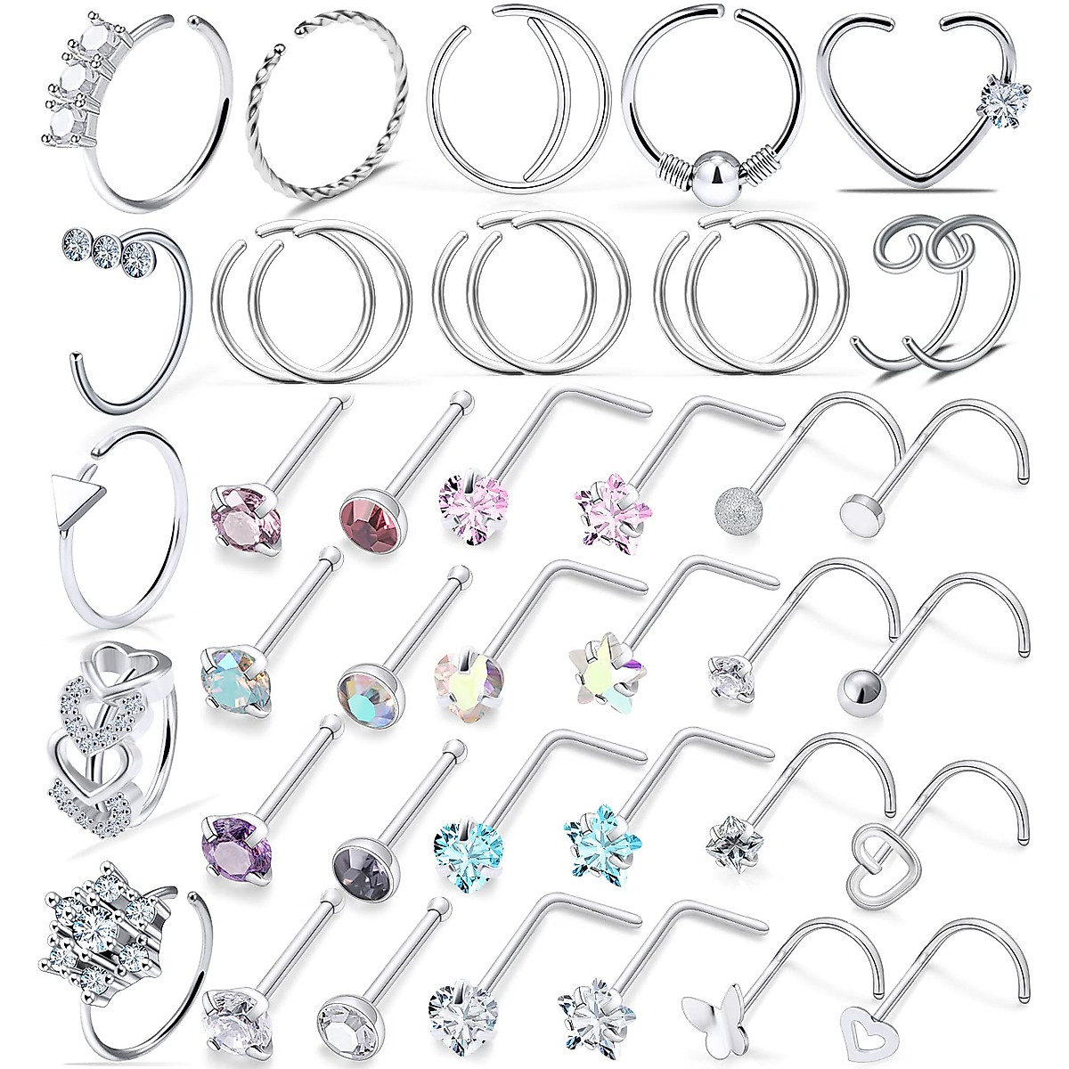 Kridzisw 18g Nose Ring Hoop Stud Piercing Jewelry for Women 316L Stainless Surgical Steel L Shaped Bend Straight Silver Nose Nostril Ring Hoop Stud Pin Bone Earring Piercing Jewelry women Men 8mm 2mm