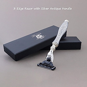 Haryali London 3 Edge Shaving Razor Handmade Silver Antique Design Handle Beard and Mustache Safety Razor For Men Perfect Shave