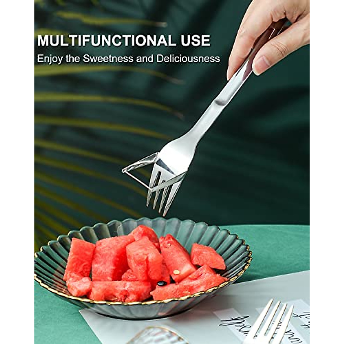 Watermelon Slicer Cutter, 2-in-1 Watermelon Fork Slicer, Stainless Steel Cutting Fork Artifact, Fruit Watermelon Carving and Cutting for Home Party (1)
