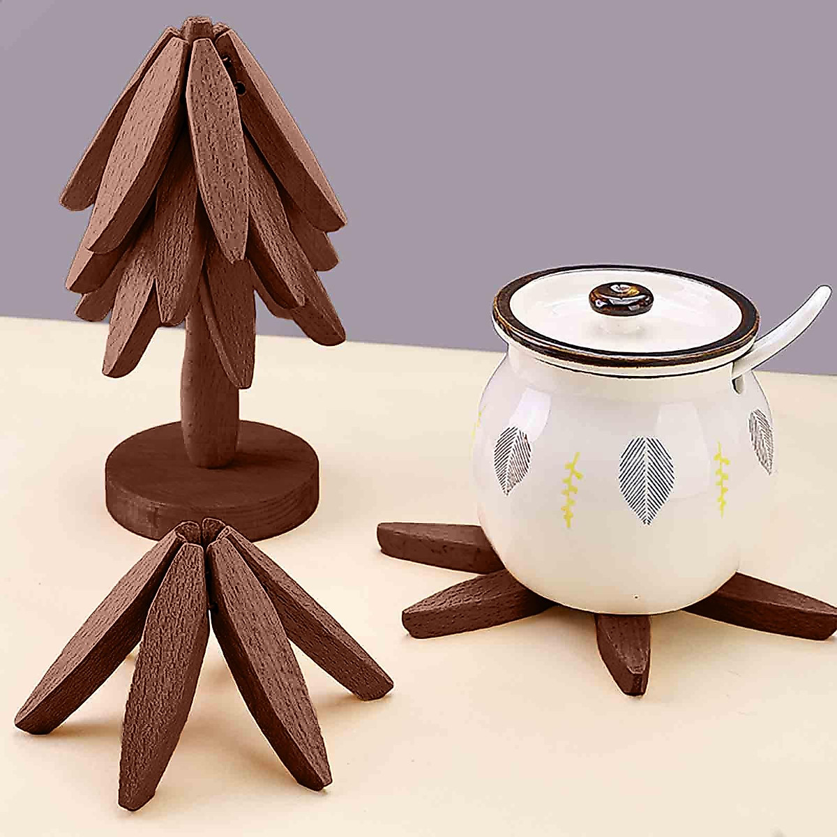 Wooden Trivets for Hot Dishes, Tree Shape Trivet Set, Foldable Kitchen Wooden Trivets, Tree Coaster for Hot Dishes, Pot, Bowl, Teapot, Wooden Trivets Like a Christmas Tree (Sapele Wood)