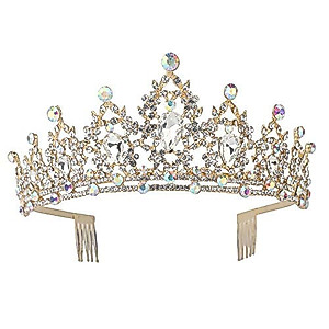 Sppry Women Tiara with Comb - Colorful AB Crystals Crown for Bridal Princess Girls at Wedding Birthday Pageant (Gold)