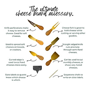 12-pc Gold Cheese Knife Set for Charcuterie Board - Cheese Knives + Slate Label + Soapstone - Stainless Steel Charcuterie Accessories, Utensils, Bamboo Handle - Charcuterie Boards Accessories