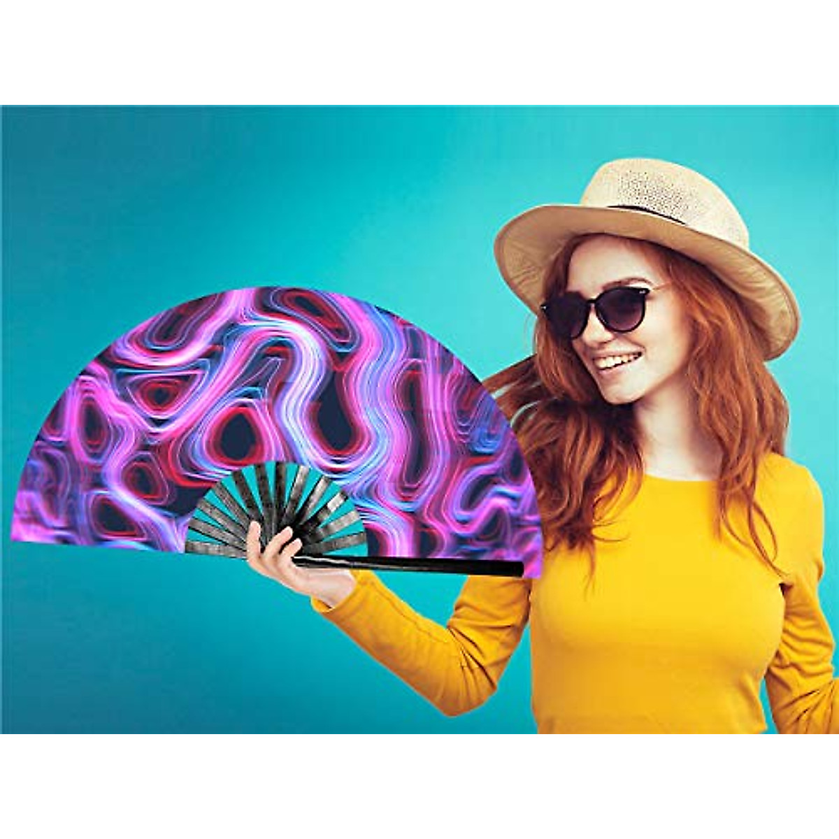 Zolee Large Rave Folding Hand Fan with Bamboo Ribs for Men/Women - Chinese Japanese Handheld Fan with Fabric Case - for Dance Music Festival Party, Performance, Decorations, Gift (Psychedelic)