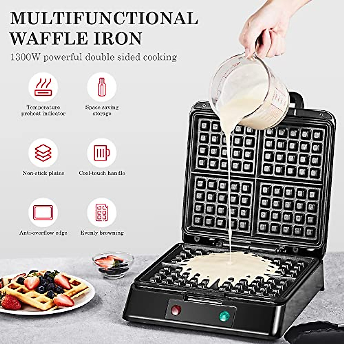 REDMOND Waffle Maker, Nonstick 4 Slice Square Waffle Iron, Compact Classic Stainless Steel Waffle Maker for Family Use Breakfast, 1300W, Black