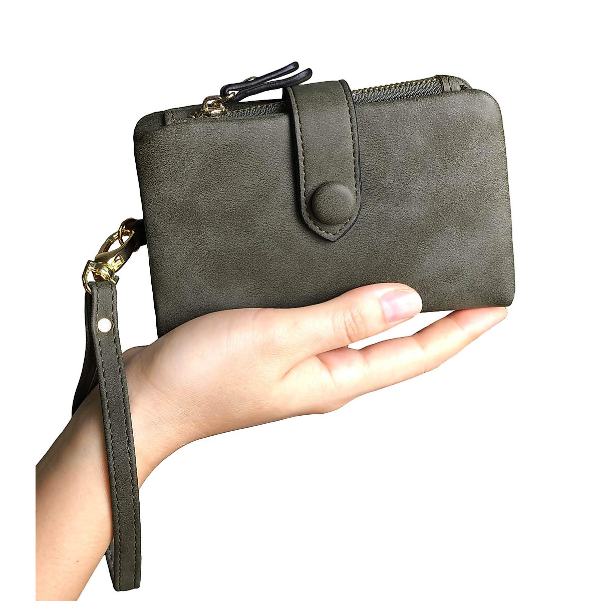 PofeeXIO Womens Small Bifold Leather Wallets Rfid Ladies Wristlet with Card slots id window Zipper Coin Purse (Army Green)