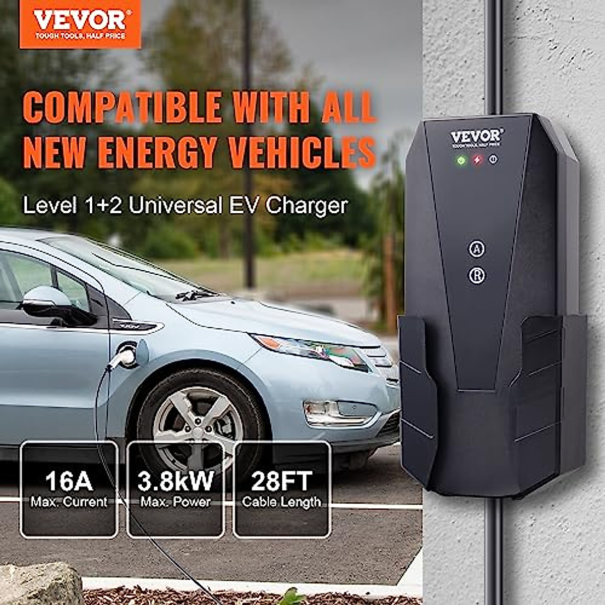 VEVOR Level 1+2 Portable EV Charger, 16 Amp 120V or 240V, Electric Vehicle Charger with 28-Foot Charging Cable NEMA 6-20P Plug NEMA 5-15 Adapter, Plug-in Home EV Charging Station for SAE J1772 EVs