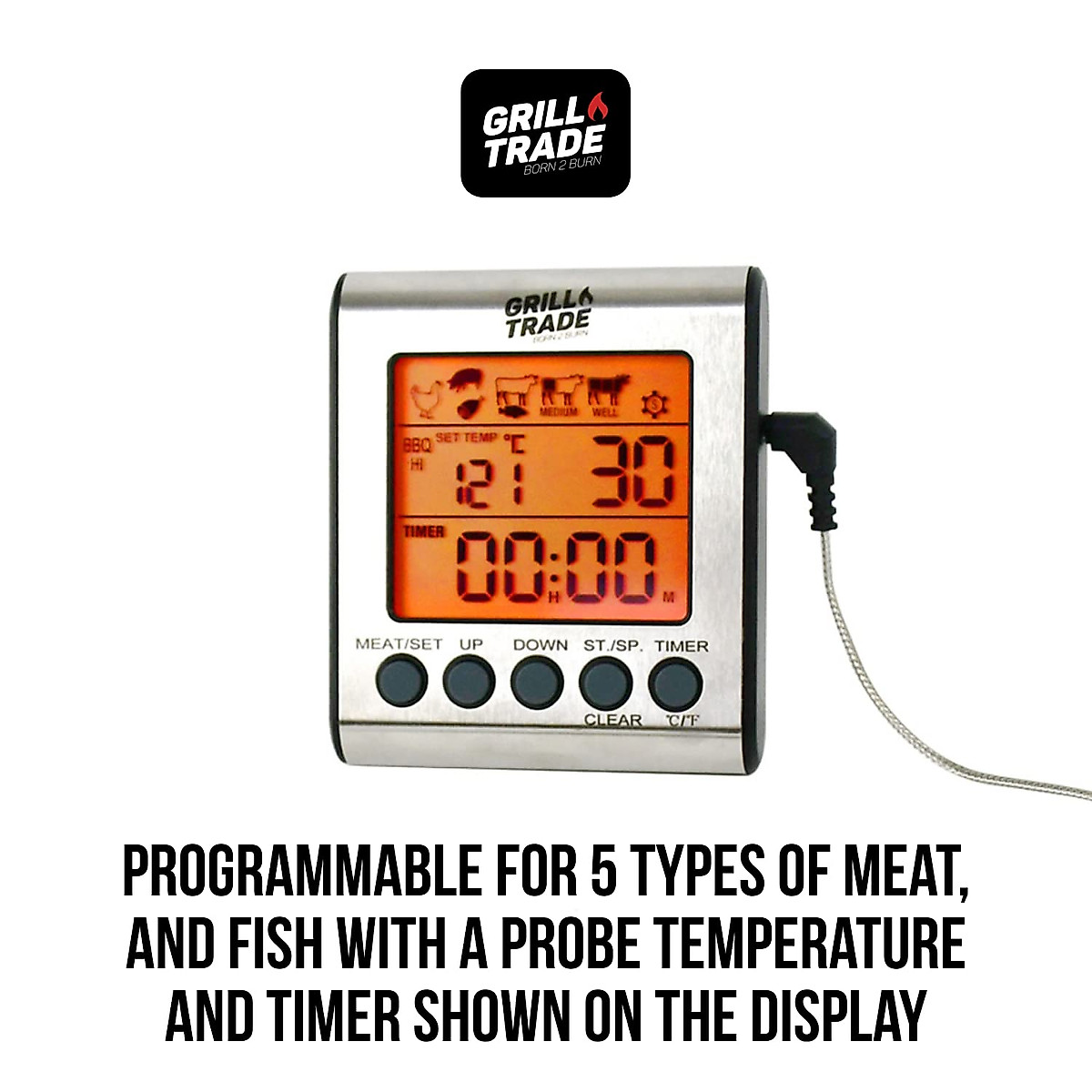 Grill Trade Instant Digital Meat Thermometer with Probe - Electric Meat Temperature Probe in Celsius for Grill, BBQ Smoker, Cooking, Oven - Waterproof & Heat Resistant with Backlight & Calibration