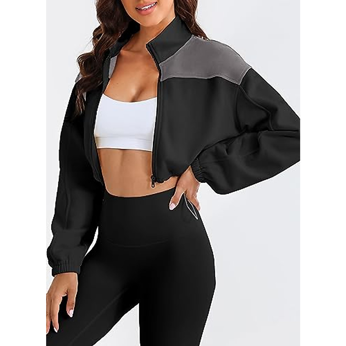 Herseas Women's Black Color Block Fleece Short Workout Jacket Warm Winter Long Sleeve Full Zip Stand Collar Fashion Sherpa Crop Coat Small 4 6
