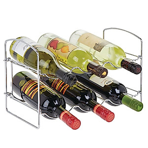 mDesign Metal Free-Standing Water Sports Bottle and Wine Rack Holder Stand for Storage Organizing in Kitchen Cabinet Countertops, Pantry - Collapsible - 2 Tiers, Holds 6 Bottles - Bronze