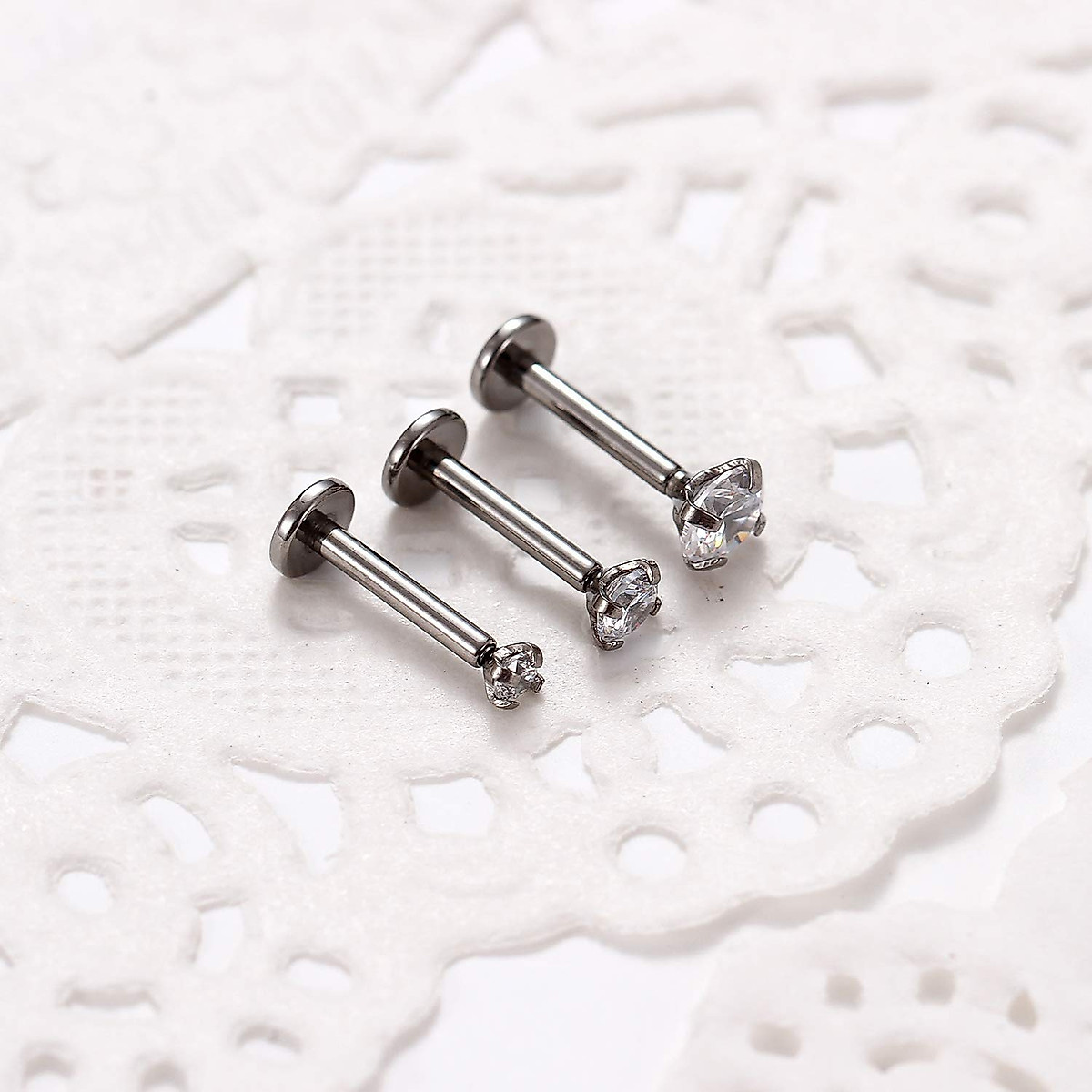 GAGABODY Forward Helix Earring 2/3/4mm Cubic Zirconia 3pcs G23 Titanium 16G 8mm Internally Threaded Labret Cartilage Tragus Monroe Lip Studs Piercing