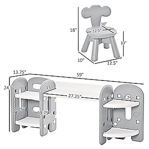 Qaba Kids Table and Chair Set, Activity Desk with Bookshelf & Storage for Study, Activities, Arts, or Crafts, Grey and White