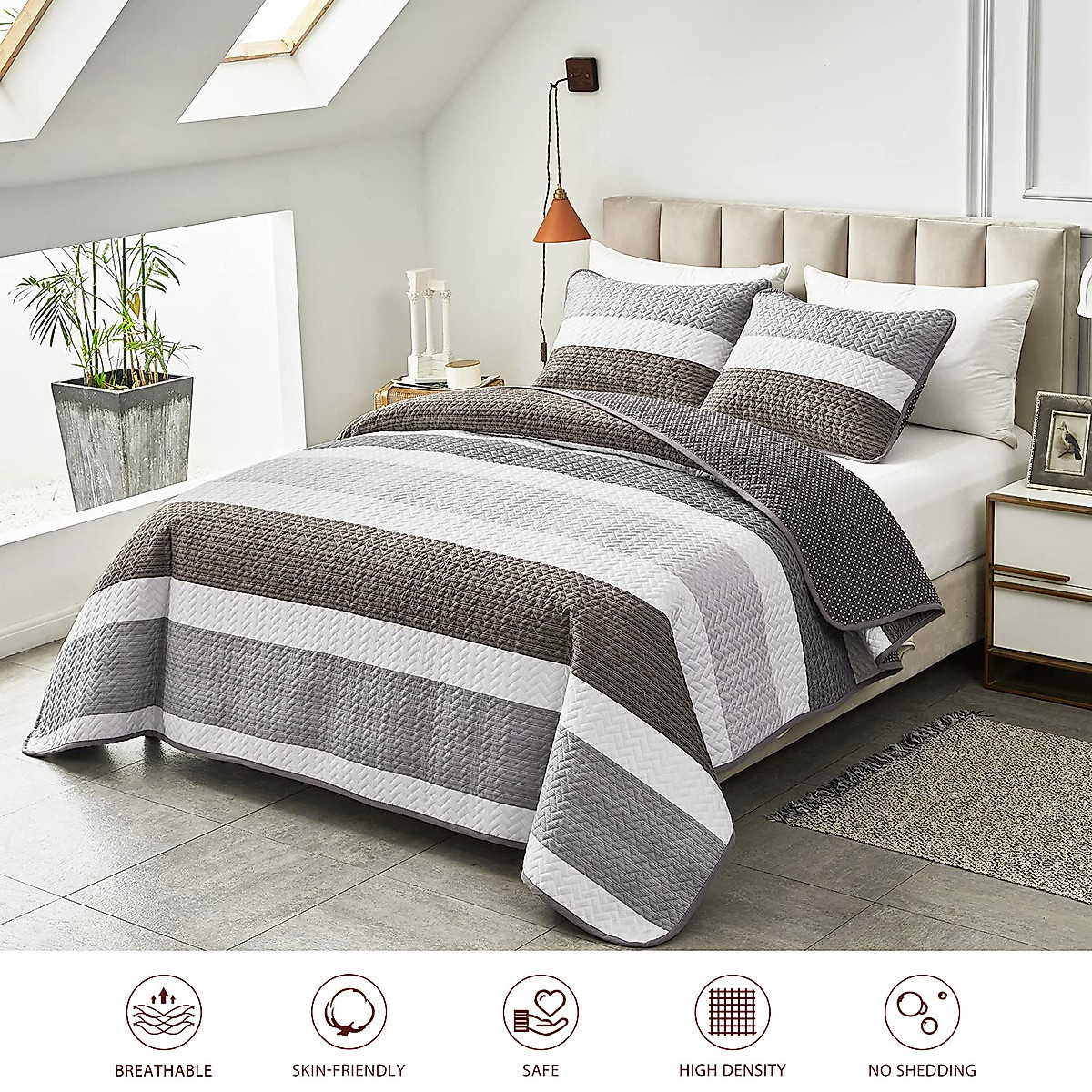Joyreap 3 Pieces Quilt Set Full/Queen, Light Gray n Brown Stripes Design, Smooth Soft Microfiber Quilt, Bedspread Bed Cover for All Season, 1 Quilt and 2 Pillow Shams- 90x90 inches