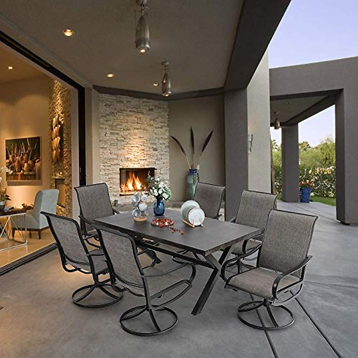 PHI VILLA 7 Pcs Outdoor Patio Dining Set, 6 Metal Chair with Textilene Fabric and 1 Wood Like Metal Dining Table, All Weather Resistant, Clearance for Lawn Garden