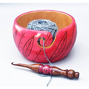 Premium Wooden Yarn Bowl for Crocheting & Knitting 7" x 4" - Large Yarn Bowl Holder - Wooden Yarn Storage Bowl - Crocheting Accessories & Gifts for Mom - Leaves Design Pink