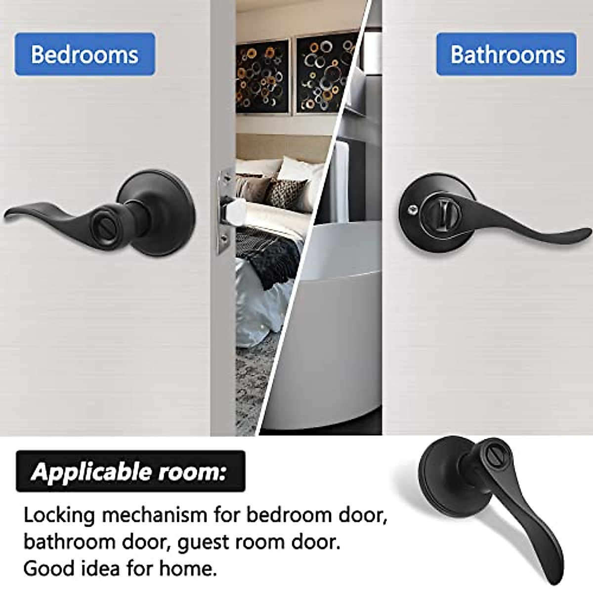 MONKEMON 4 Pack Black Door Handle Wave Style Privacy Door Lever for Bedroom & Bathroom, Interior Door Handle with Lock Keyless, Reversible Handles Set for Left & Right Door