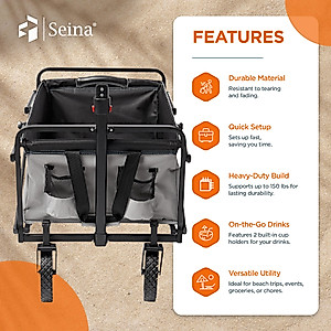 Seina Heavy Duty Steel Compact Collapsible Folding Outdoor Portable Utility Cart Wagon w/All Terrain Rubber Wheels and 150 Pound Capacity, Gray/Black