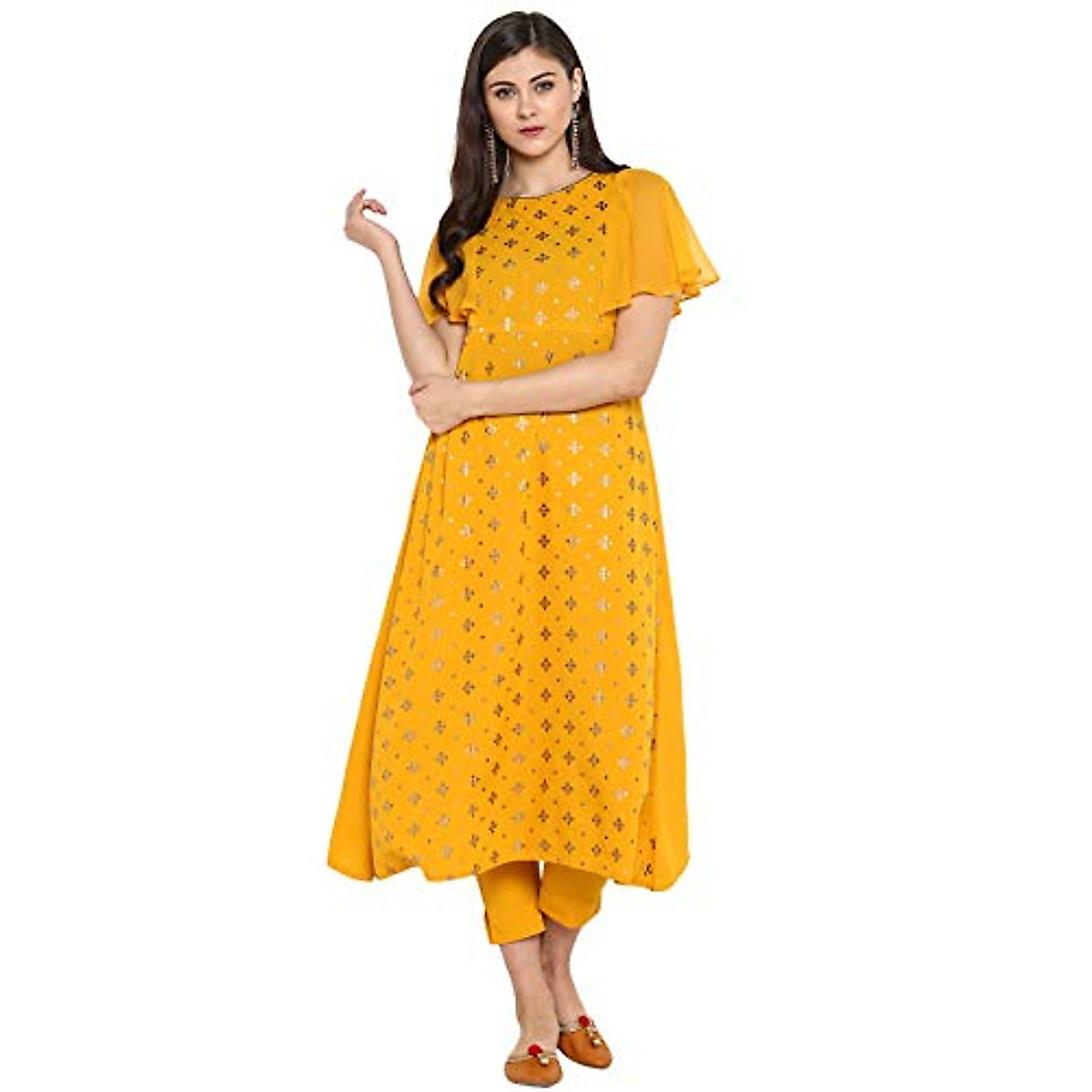 Janasya Indian Women's Tunic Tops Crepe Kurti Set for Women(SET044-KR-NP-XL) Yellow