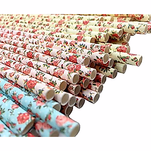 75-Pack Biodegradable Floral Paper Straws - Pink, Blue, Yellow - Vintage Flower & Rose Design - Eco-Friendly Disposable Straws for Parties by JPACO