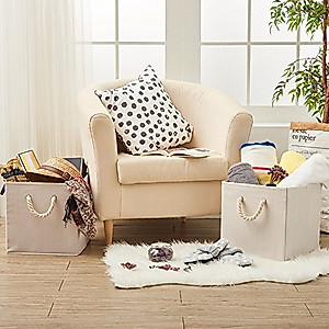 EZOWare Foldable Bamboo Fabric Storage Bin with Cotton Rope Handle, Collapsible Resistant Basket Box Organizer for Shelves, Closet, and More (Set of 2, Beige)