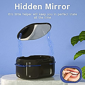 Denture Bath Box And Denture Brush Denture&Retainer Set, Denture Case with Mirror (Black)