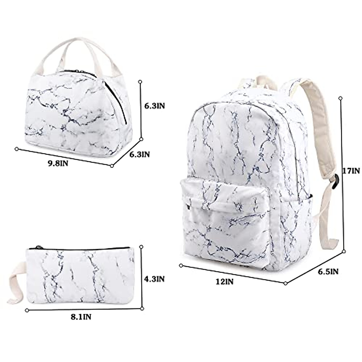 LIMHOO School Bags for Teen Girls, Teenagers School Backpack, Bookbag with Lunch Box Pencil Case (Marble)