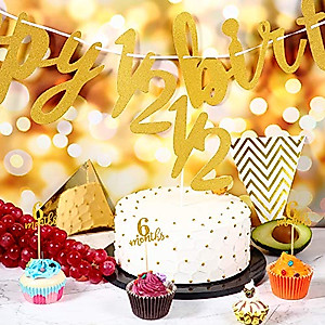 Skylety 51 Pieces 6 Months Birthday Decorations Happy Half Birthday Banner 6 Month Cupcake Topper Pick 1/2 Half Year Cake Topper Triangle Flag Banner Confetti Balloons for Girl Boy Baby Shower (Gold)