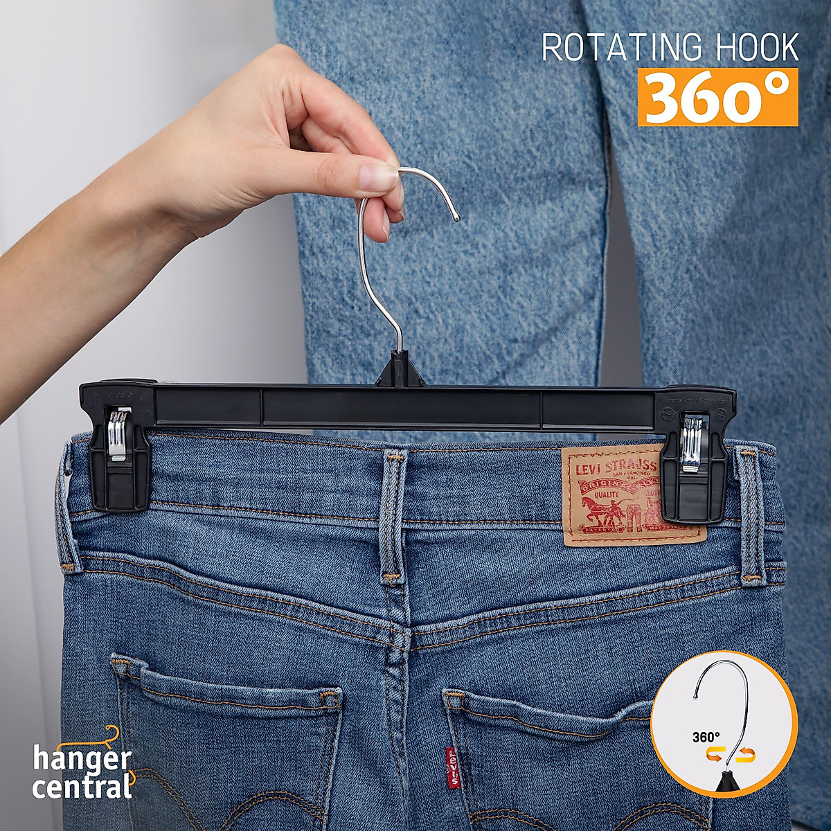 Hanger Central Space Saving 30 Pack, Heavy Duty Slim Plastic Pants Hangers, Ridged Non-Slip with Pinch Clips, 360-Rotating Chrome Swivel Hook, in Black, 10/12/14 Inch (12")