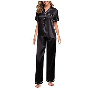 Aniywn Women's Satin Pajamas Sets Casual Short Sleeve and Long Pant Loose Underwear Nightwear Lingerie Silk Pajamas Suit Black