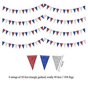 Decor365 Red Blue Silver/White National Day Patriotic Triangle Flag Banner Fourth/4th of July USA American Independence Day Celebration Party Garland Hanging Decoration for Birthday/Baby Shower