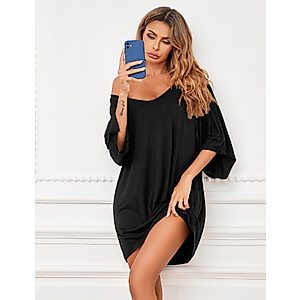 Ekouaer Deep V Neck Sleepshirt Sexy Cotton Nightshirt For Women Plus Size,Black,Small