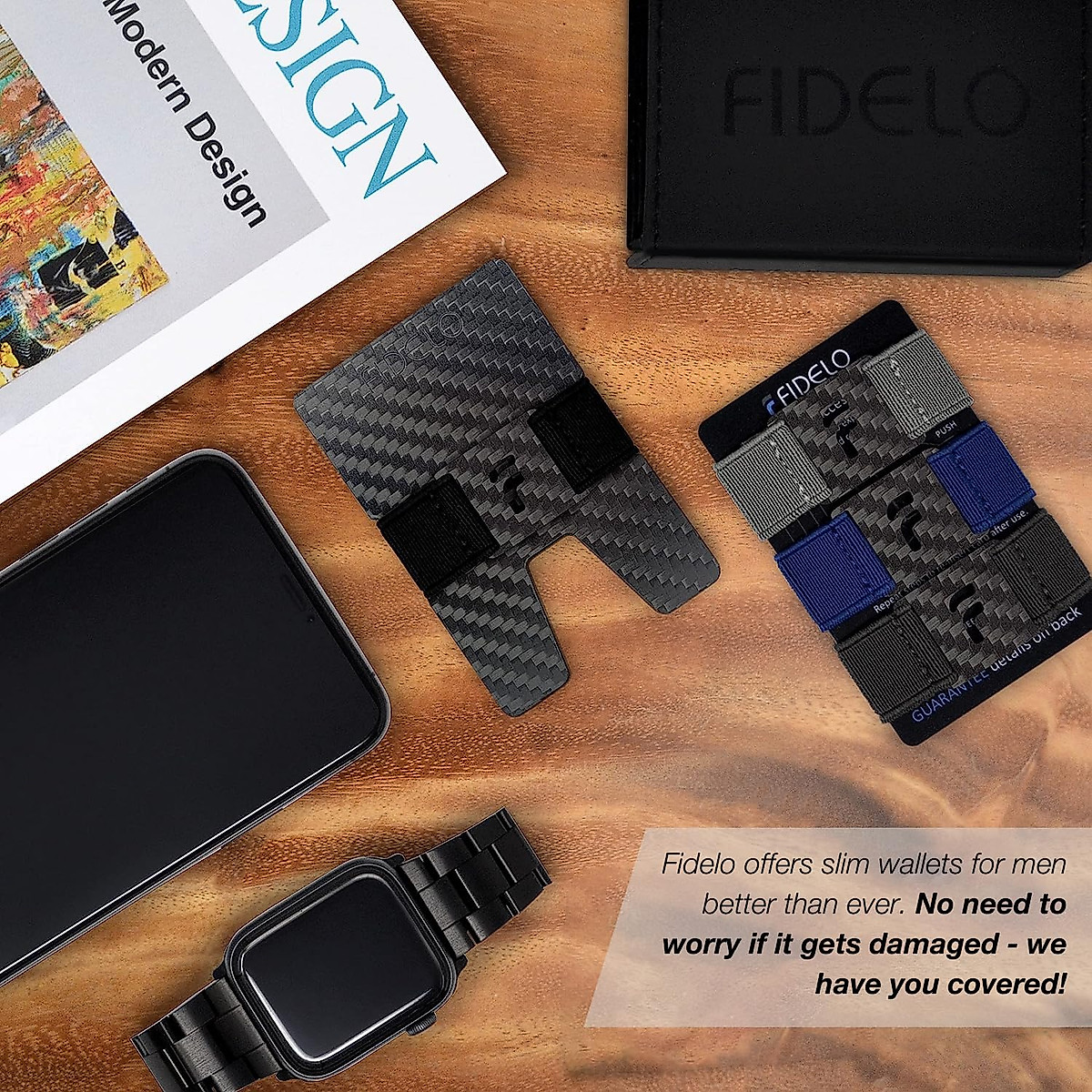 Fidelo Minimalist Wallet For Men - Slim RFID Blocking Mens Wallets Credit Card Holder. 3K Carbon Fiber. Compact Wallet Comes With 4 Cash Bands (Black, Dark Grey, Light Grey & Blue) - Prestige