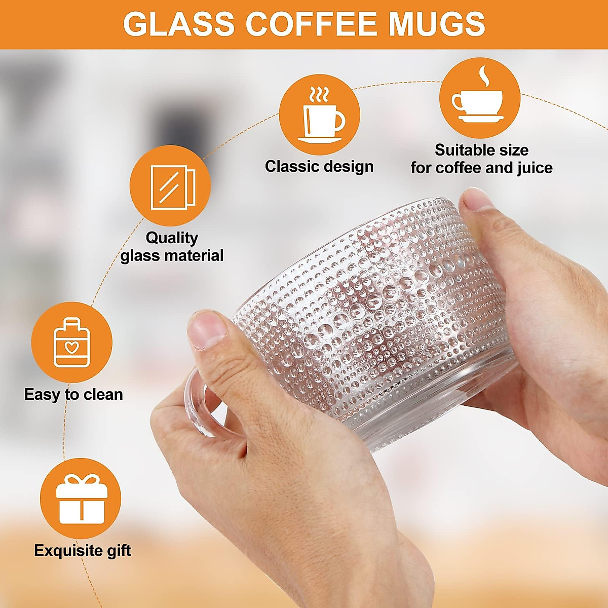 6 Set 14oz Vintage Glass Coffee Mugs with Bamboo Lids and Spoon Clear Embossed Glassware with Handle Glass Coffee Tea Cups for Cappuccino Latte Cereal Yogurt Beverage (6PCS(3*sunflower 3*raindrops))