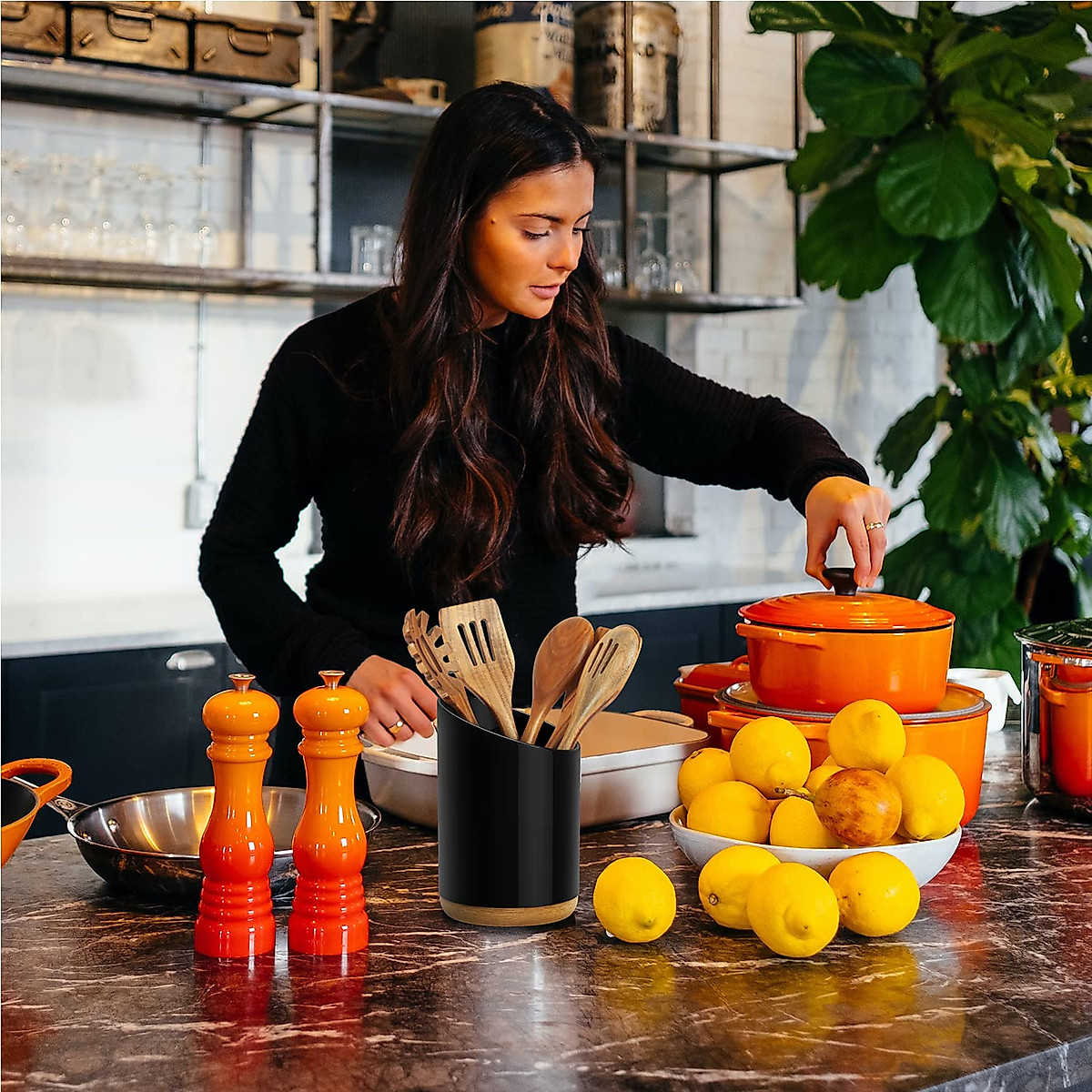 KARRYOUNG Ceramic Utensil Holder for Kitchen Countertop – Cooking Utensil Caddy Organizer with Acacia Wooden Base,5.5 x 7.5 Inches,Black