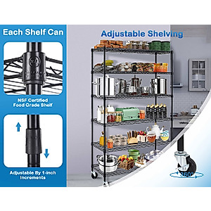 6000Lbs Capacity Storage Shelves, 6 Tier NSF Certified Heavy Duty Wire Shelving with Wheels, 48"Lx18"Wx78"H Adjustable Metal Shelving for Restaurant Pantry Kitchen, Storage Rack Utility Shelf