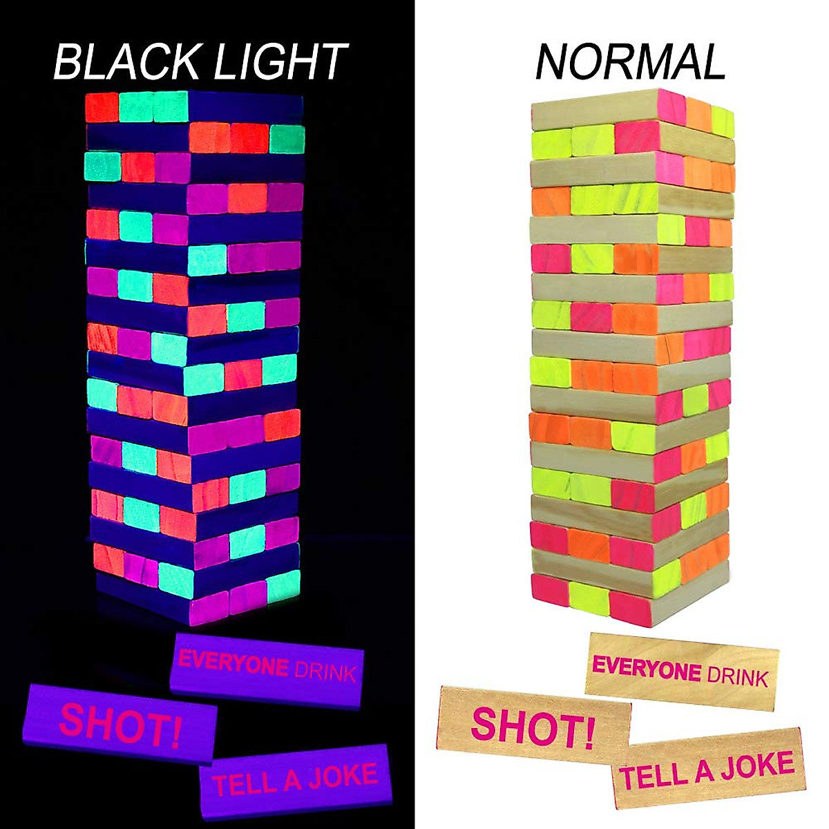 Drinking Games for Adults Party, Black Light Tumble Tower -Glowing Drinking Games Suitable for Day Or Night, 54 Blocks with Hilarious Drinking Commands, Stacking Games for adults party