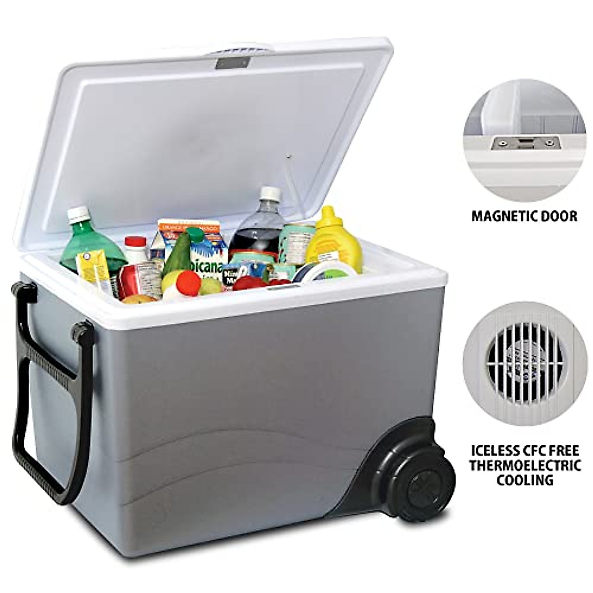 Koolatron Thermoelectric Iceless 12V Cooler/Warmer 36 qt (34 L) w/Wheels, Portable Electric Rolling Car Fridge w/ 12 Volt DC Power Cord, Gray/White, Travel Road Trips Camping, Made in North America