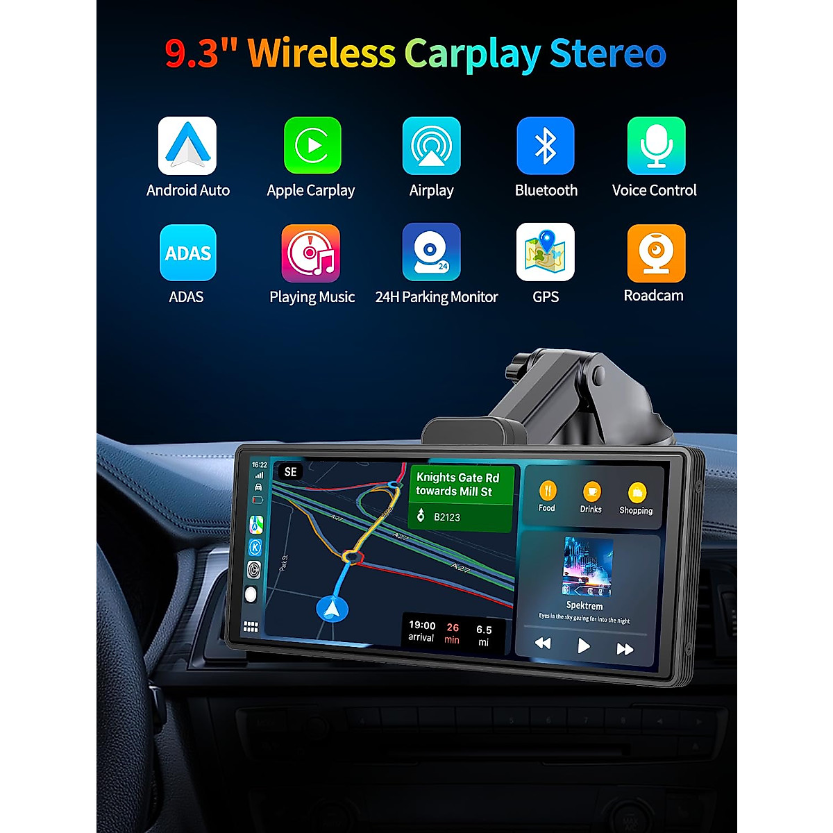 9.3" Portable Apple Carplay Screen for Car with 4K ADAS Dash Cam, Wireless Apple Carplay & Android Auto, 1080P Backup Camera, Phone Mirroring, AUX/FM/Speaker