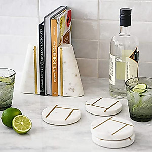 Main + Mesa Geometric Marble Bookends with Brass Inlay, White