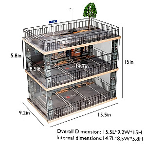 kivcmds 1:24 Scale Car Model Display Case with Parking Lot Scene for Sports Car and Lego Collectors, Display Stand for Alloy Car Model Toy with Light (3-Tiers Coffee Shop Parking Lot)