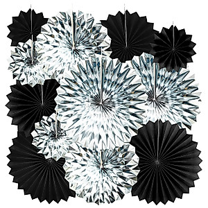 Black Silver Party Hanging Paper Fans Decorations - Wedding Retirement Graduation Birthday Party Engagement Bridal Shower Party Ceiling Hangings Photo Booth Backdrops Decorations, 12pc